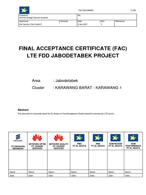 Final Acceptance Certificate Fac Lte Fdd Jabodetabek Project Pdf