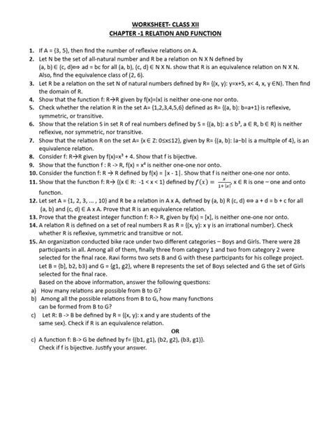 Worksheet Class Xii Mathematics Chapter 1 Relation And Function Pdf Functions And Mappings