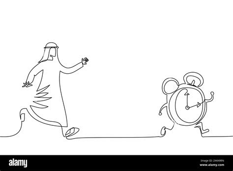 Continuous One Line Drawing Arabian Businessman Chasing Alarm Clock Management Control And