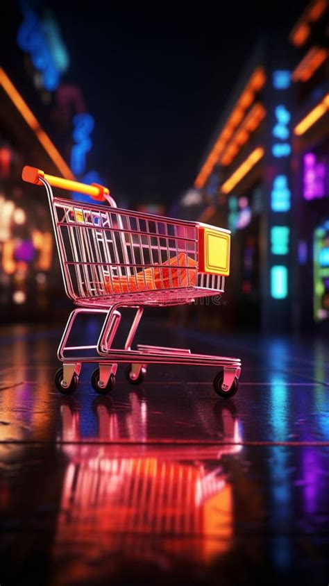 iconic shopping cart in neon radiates reflecting convenience in digital storefronts stock