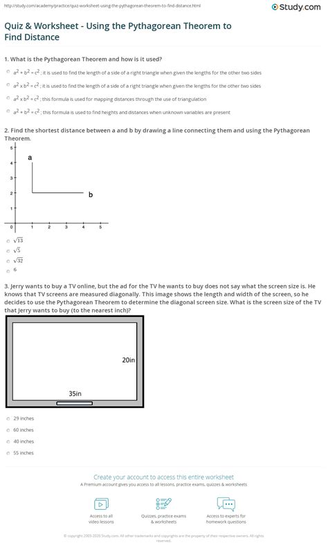 Quiz And Worksheet Using The Pythagorean Theorem To Find Distance
