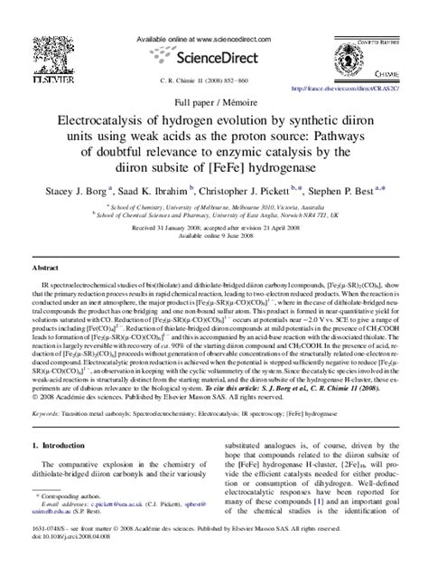 Pdf Electrocatalysis Of Hydrogen Evolution By Synthetic Diiron Units