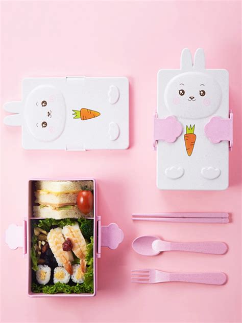 1 قطعة صندوق غداء على شكل أرنب كرتوني و 3 قطع أدوات مائدة