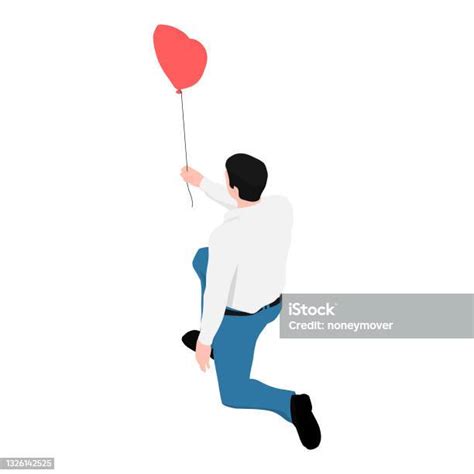 셔츠와 청바지를 입은 한 남자가 하트 모양의 풍선을 들고 있었다 3차원 형태에 대한 스톡 벡터 아트 및 기타 이미지 3차원 형태 남자 만화 Istock