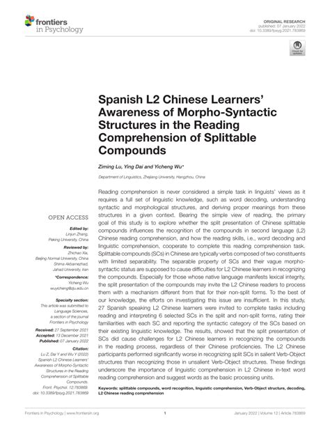 Pdf Spanish L2 Chinese Learners Awareness Of Morpho Syntactic Structures In The Reading