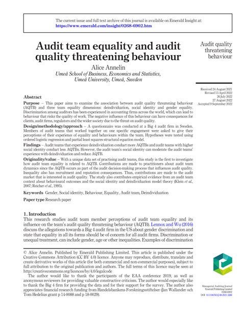 PDF Audit Team Equality And Audit Quality Threatening Behaviour