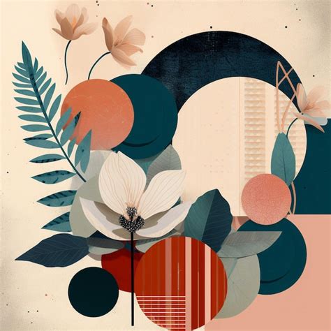 Premium Ai Image Abstract Composition With Flowers Leaves And Geometric Shapes Modern Design