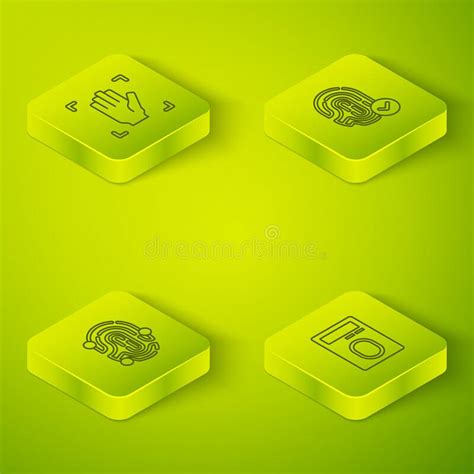 Set Isometric Fingerprint With Lock And Palm Recognition Icon Vector Stock Vector