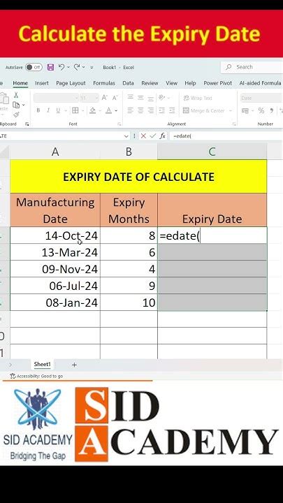 calculate expiry date in ms excel using edate formula exceltips excelcourse shorts youtube