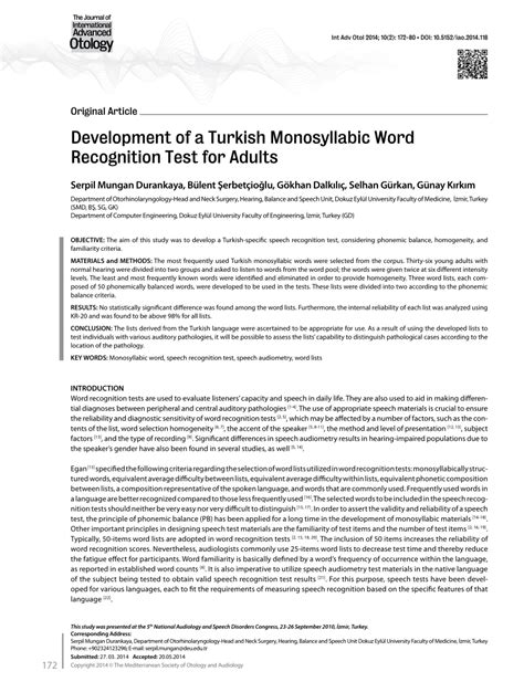 Pdf Development Of A Turkish Monosyllabic Word Recognition Test For Adults