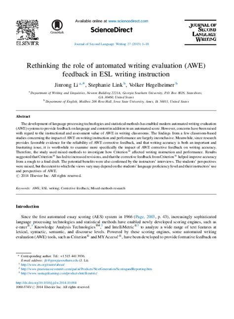 Pdf Rethinking The Role Of Automated Writing Evaluation Awe Feedback In Esl Writing Instruction