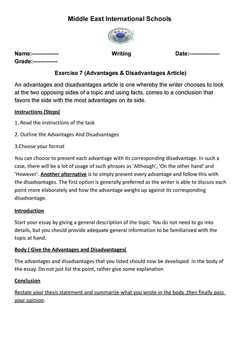 Advantages And Disadvantages Article Middle East International Schools Name Writing Date