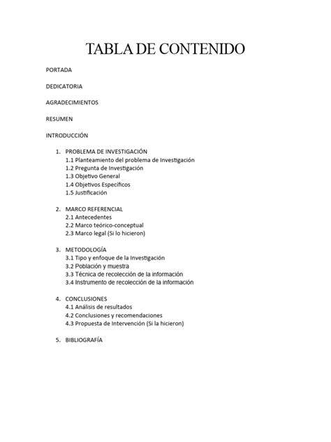 Tabla De Contenido Tesis Pdf