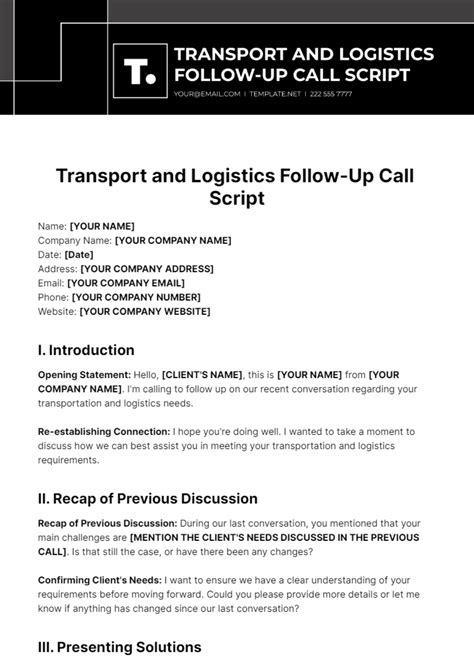 Free Transport And Logistics Follow Up Call Script Template To Edit Online