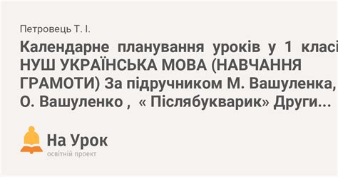 Календарне планування уроків у 1 класі НУШ УКРАЇНСЬКА МОВА НАВЧАННЯ ГРАМОТИ За підручником М