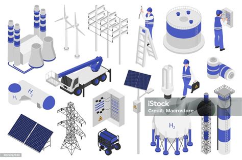 전기 장비 등각 투영 요소 생성자 메가 세트입니다 평면 그래픽 전기 기사 공장 태양 전지판 전력선 풍력 터빈이 포함된 크리에이터 키트 3d 아이소메트리 디자인의 벡터