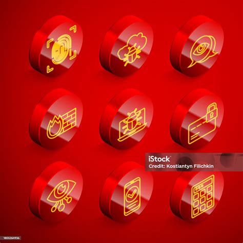 회선 지문 클라우드의 시스템 버그 눈 스캔 방화벽 보안 벽 모니터 잠금 장치가 있는 신용 카드 및 스마트폰 아이콘을 설정합니다 벡터 3차원 형태에 대한 스톡 벡터 아트 및