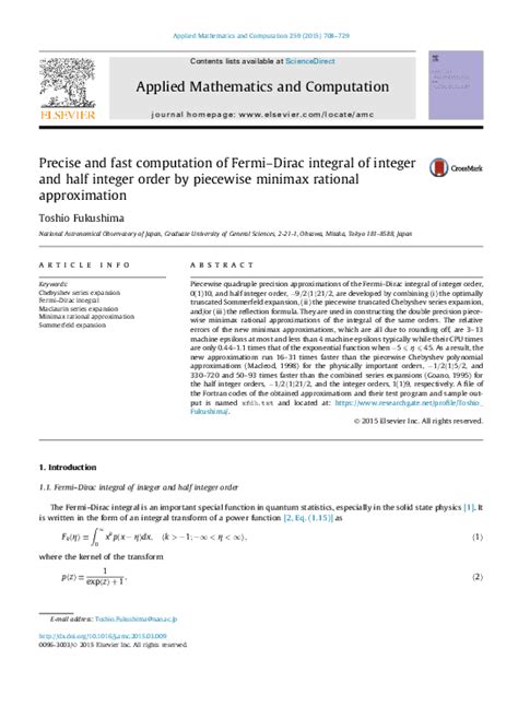 Pdf Precise And Fast Computation Of Fermidirac Integral Of Integer And Half Integer Order By