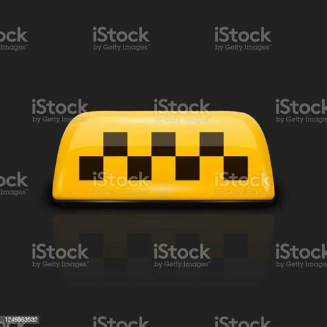 벡터 3d 사실적인 노란색 프랑스어 택시 표지판 아이콘 반사 닫기 검은 배경에 격리 택시 서비스 모형을위한 디자인 템플릿 전면 보기 3차원 형태에 대한 스톡 벡터 아트 및