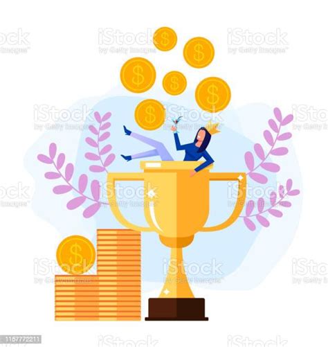 돈 비 아래 황금 컵에 앉아 행복 한 미소 성공적인 사업가 사무실 노동자 캐릭터 비즈니스 성공 개념 벡터 플랫 만화 고립 그래픽