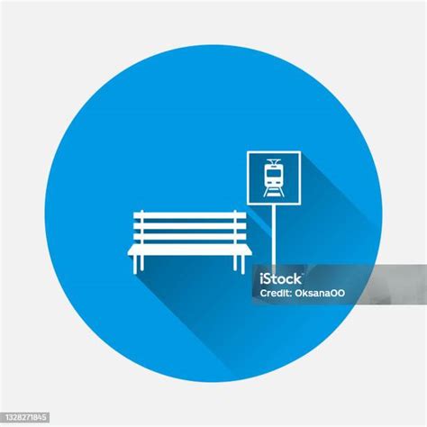 파란색 배경에 버스 정류장 벡터 아이콘 긴 그림자가 있는 플랫 이미지 거리에 대한 스톡 벡터 아트 및 기타 이미지 거리