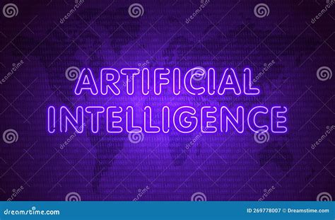 Artificial Intelligence Neon Symbol On Purple Map Background With Binary Code Data Concept