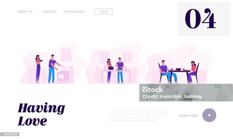 젊은 사랑하는 커플 함께 요리 웹 사이트 방문 페이지 가족이 음식을 준비하고 식사와 설거지를 준비한다 매일 루틴 사랑과 관계 웹 페이지 배너 만화 플랫 벡터 일러스트 가정