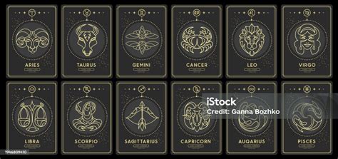 밤하늘에 점성술 조디악 표지판이 있는 현대 마법 마법 카드 세트 조디악 특성 조디악 아이콘 벡터 일러스트 레이 션 개체 그룹에 대한 스톡 벡터 아트 및 기타 이미지 Istock