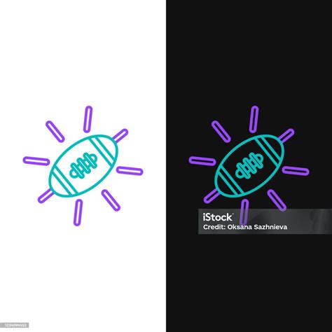 흰색과 검은 색 배경에 고립 된 녹색과 보라색 라인 미식 축구 공 아이콘입니다 럭비 볼 아이콘입니다 팀 스포츠 게임 기호입니다