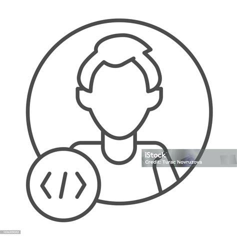 코드 태그가 있는 가이 코더 프로그래머의 아바타 개발자 씬 라인 아이콘 Ui 개념 흰색 배경의 남자 벡터 사인 모바일 컨셉 및 웹 디자인에 대한 윤곽 선 스타일 아이콘 벡터