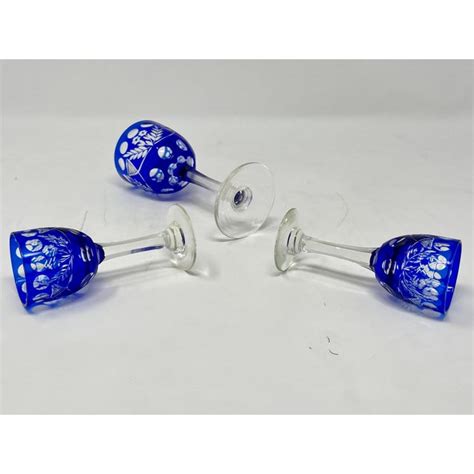 1940s Cobalt Blue Czech Cut Crystal Hock Wine And Cordial Glassware Set 21pc Chairish