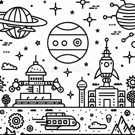Line Art Illustration Of A Futuristic Space City With Rockets Planets And Stars Stock Vector