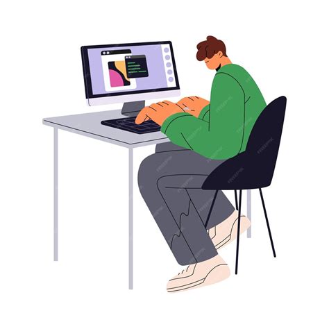 Premium Vector Coder Writing Code On Computer Digital Designer Typing Developer Sitting On