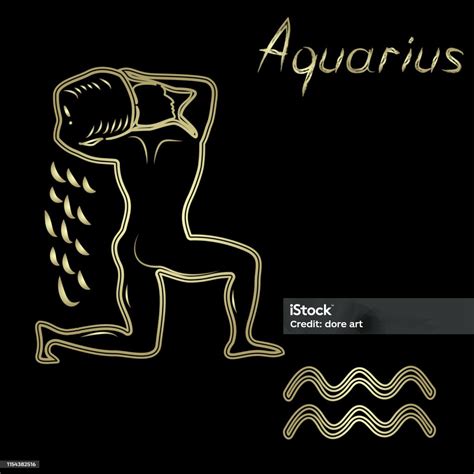 물병자리 조디악 기호 벡터 일러스트 레이 션에 검정색 배경입니다 고립 된 별자리 기호의 황금 그림입니다 점성 학적 디자인 요소 스텐실 개체 그룹에 대한 스톡 벡터 아트 및