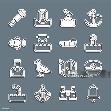 세트 라인 선박 종 선장 모자 잠망경 갈매기는 부표 태양 물고기 망원경 렌즈 및 모터 아이콘이 있는 풍선 보트에 앉아 있습니다 벡터 가공의 인물에 대한 스톡 벡터 아트 및