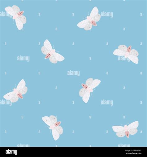 White Moths On A Light Blue Background Seamless Vector Pattern With Insects Repeating Square