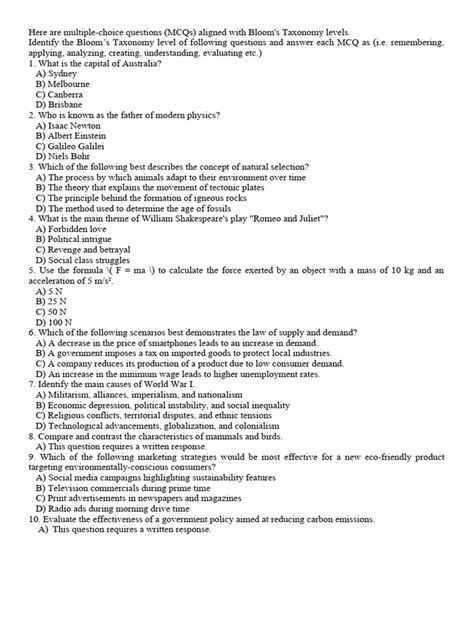 Blooms Taxonomy Practice Mcqs Pdf