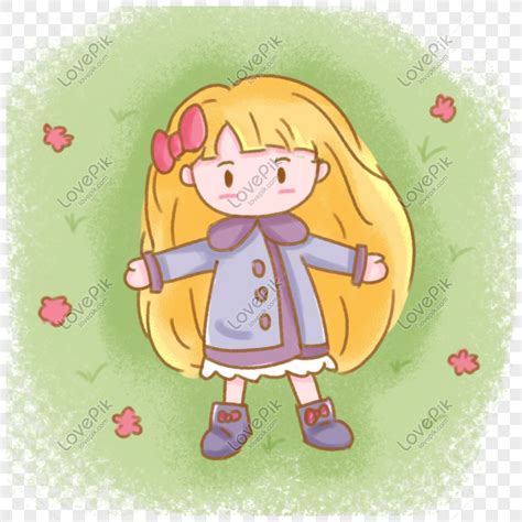 귀여운 귀여운 손으로 그린 잔디에 누워있는 여자의 만화 그림 Png 일러스트 무료 다운로드 Lovepik