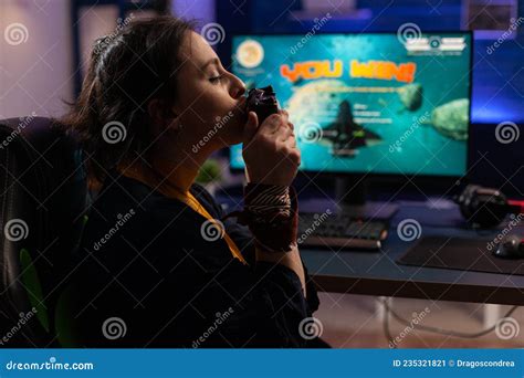 Cheerful Adult Kissing Controller After Winning Video Games Stock Image Image Of Excited Game