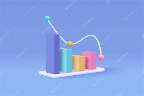 파란색 배경에 급락과 3d 그래프 금융 투자에 대한 3d 표현 아래로 부정적인 추세 개념 막대 차트와 비즈니스 실패 3d 거래 주식 아이콘 벡터 렌더링 그림 프리미엄 벡터
