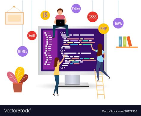 Team Writes Code Programming For A Game App Vector Image