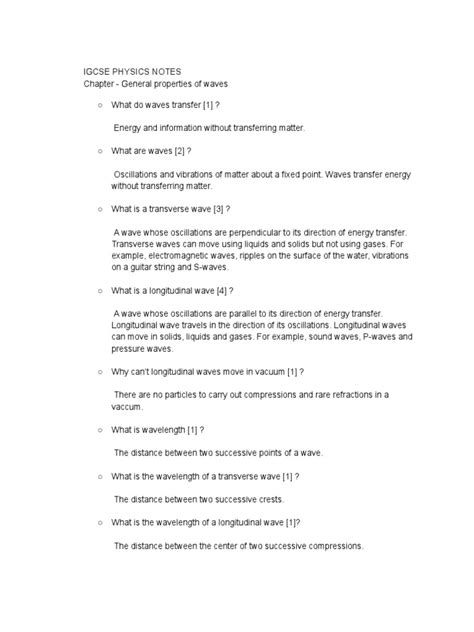 Igcse Physics Notes General Properties Of Waves Pdf Waves Refraction