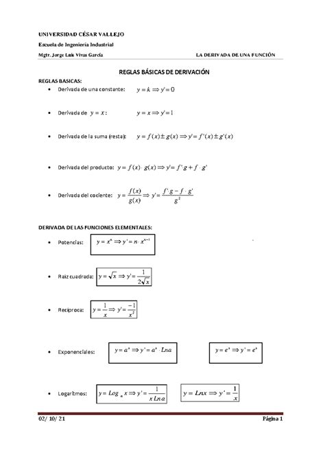 Fórmulas Básicas De Derivación Universidad CÉsar Vallejo Escuela De