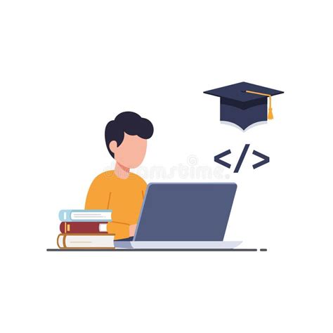 Student Coding On Laptop With Books And Graduation Cap Above Screen