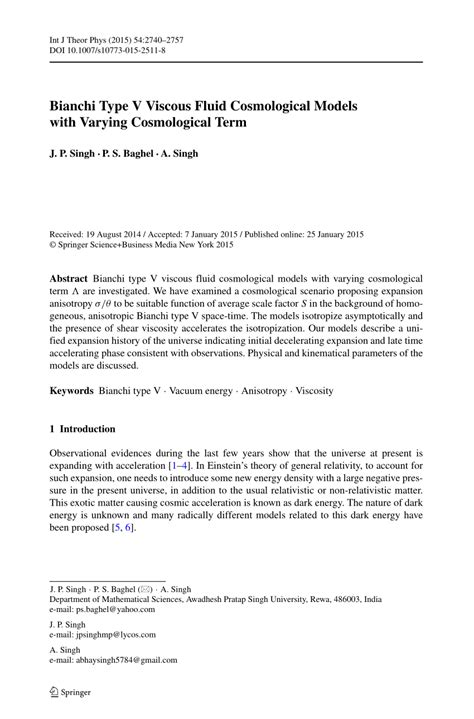 Pdf Bianchi Type V Viscous Fluid Cosmological Models With Varying Cosmological Term