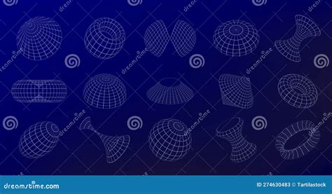 Wireframe Geometric Shapes Grid Retrofuturistic Shapes Arranged In Perspective With Sense Of