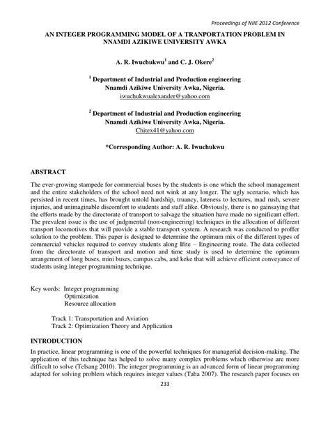 Pdf An Integer Programming Model Of A Transportation Problem In