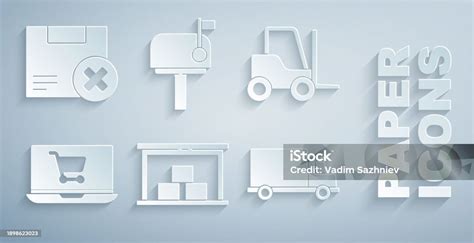 노트북에 창고 지게차 쇼핑 카트 배달화물 차량 우편함 및 판지 판지를 설정하고 아이콘을 삭제합니다 벡터 3차원 형태에 대한 스톡 벡터 아트 및 기타 이미지 Istock