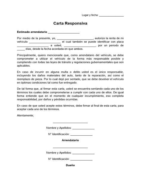 Carta Responsiva Para Renta De Auto Pdf