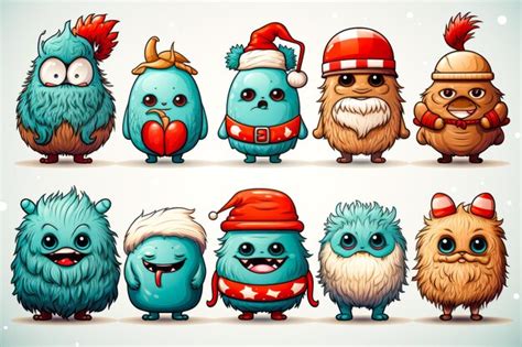 Premium Ai Image Set Of Cartoon Christmas Monsters With Hats And Beards Generative Ai